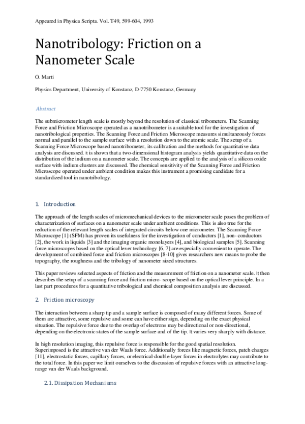 (PDF) Nanotribology: Friction on a nanometer scale