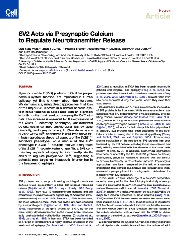 (PDF) SV2 Acts via Presynaptic Calcium to Regulate Neurotransmitter Release | Roger Janz ...