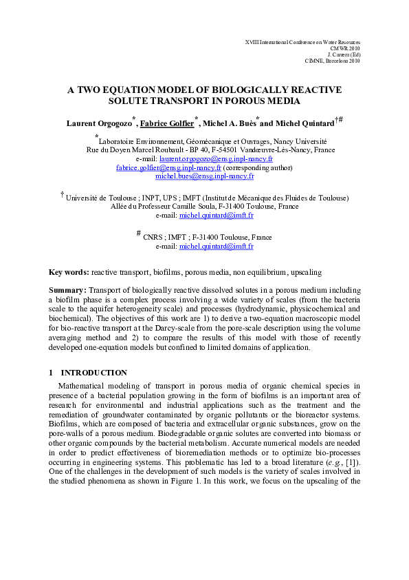 (PDF) A TWO EQUATION MODEL OF BIOLOGICALLY REACTIVE SOLUTE TRANSPORT IN ...
