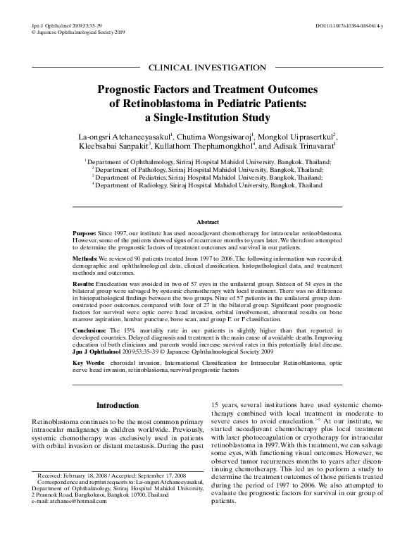 (PDF) Prognostic factors and treatment outcomes of retinoblastoma in pediatric patients: a ...