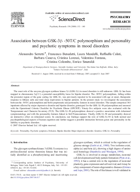 (PDF) Association between GSK-3β -50T/C polymorphism and personality ...