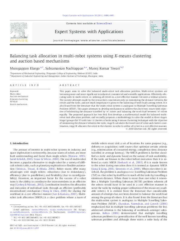 (PDF) Balancing task allocation in multi-robot systems using K-means clustering and auction ...
