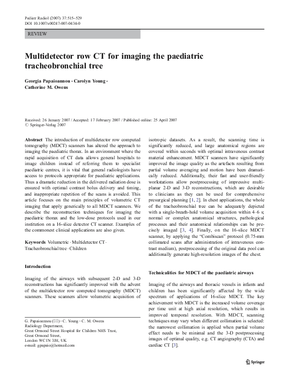 (PDF) Multidetector row CT for imaging the paediatric tracheobronchial tree