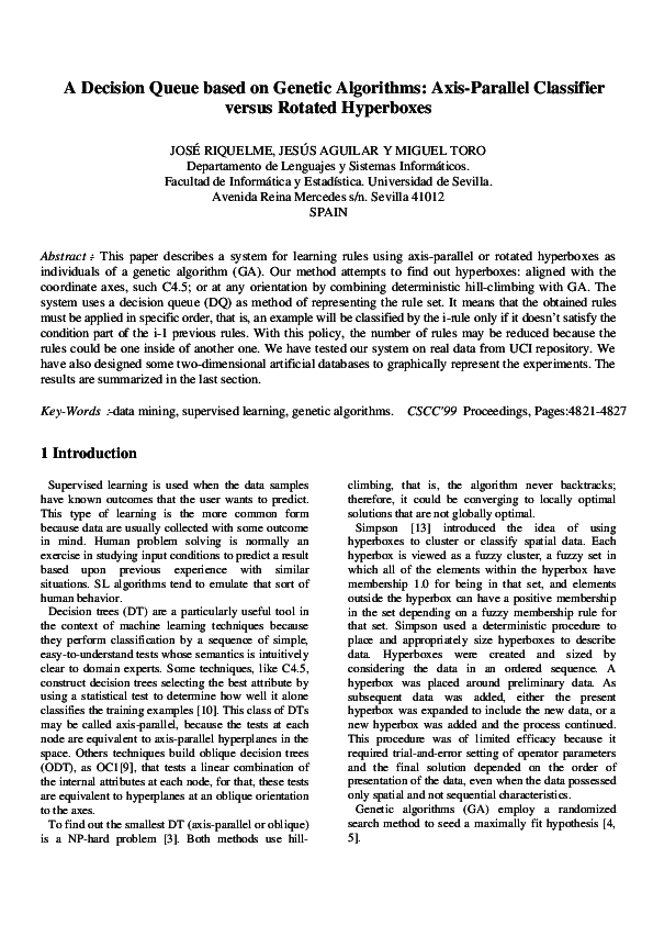 (PDF) A decision queue based on genetic algorithms: axis-paralle classifier versus rotated ...