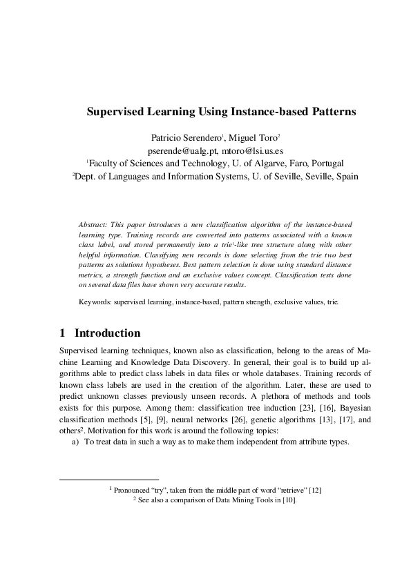 (PDF) Supervised Instance-based Learning Using Patterns in a Trie like Structure | Miguel Toro ...