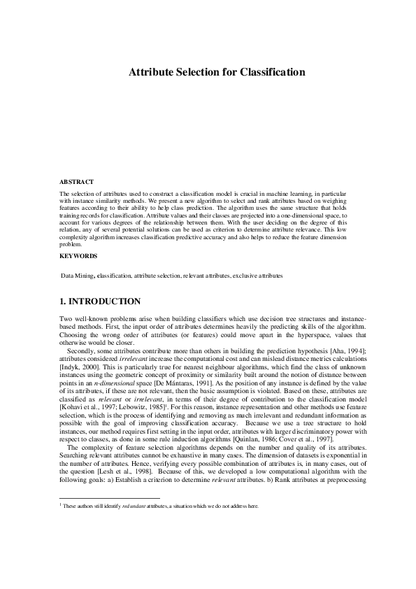 (PDF) Attribute selection for classification