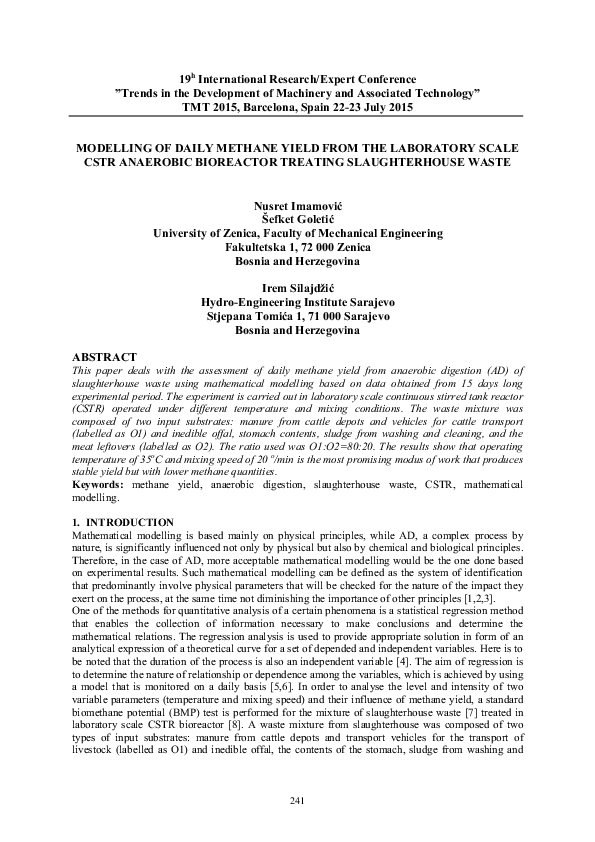 (PDF) MODELLING OF DAILY METHANE YIELD FROM THE LABORATORY SCALE CSTR ...