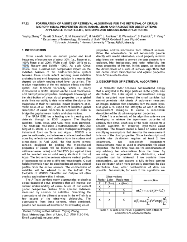 Pdf Formulation Of A Suite Of Retrieval Algorithms For The Retrieval