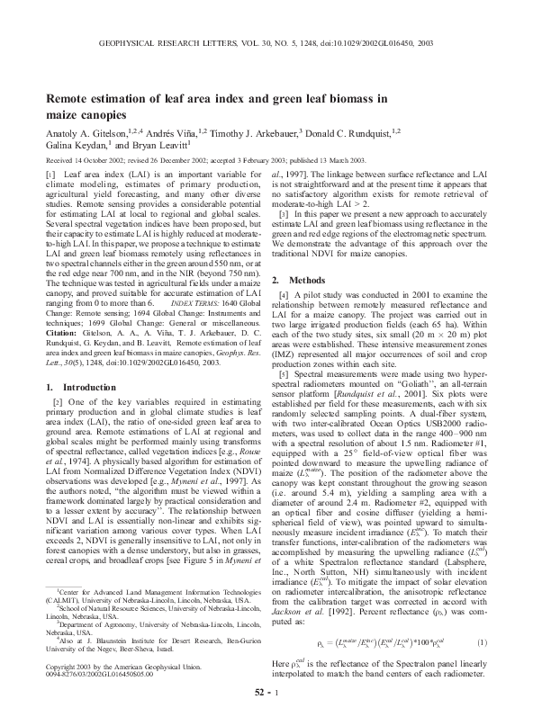 Pdf Remote Estimation Of Leaf Area Index And Green Leaf Biomass In Maize Canopies