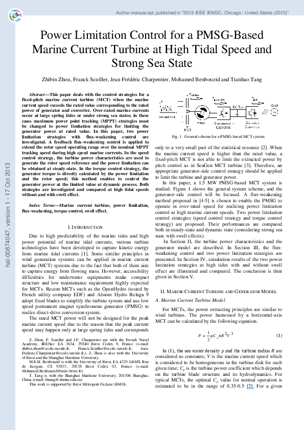 (PDF) Power limitation control for a PMSG-based marine current turbine at high tidal speed and ...