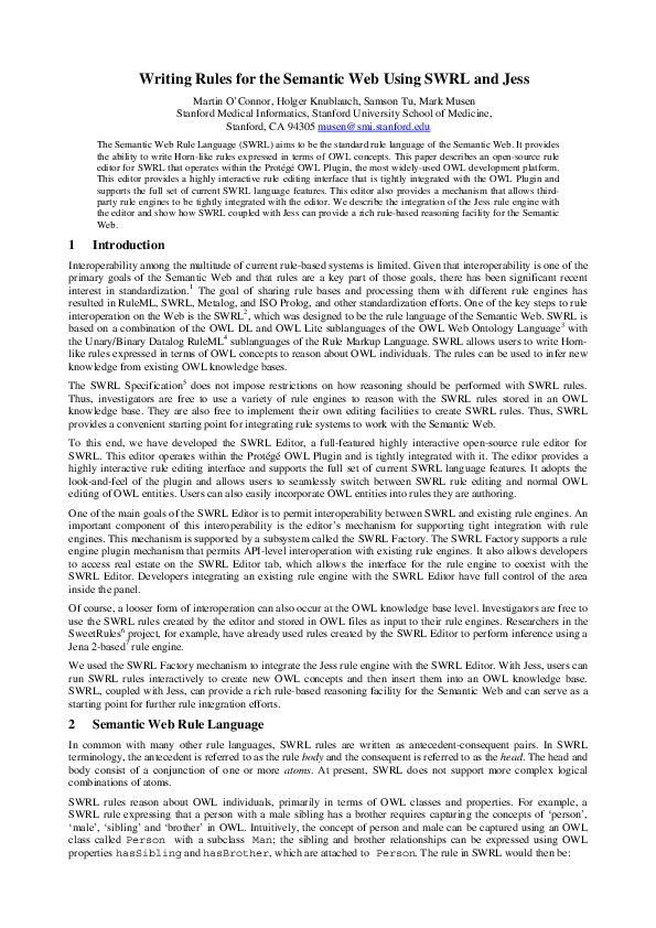 Pdf Writing Rules For The Semantic Web Using Swrl And Jess