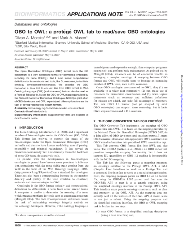 (PDF) OBO to OWL: a protege OWL tab to read/save OBO ontologies