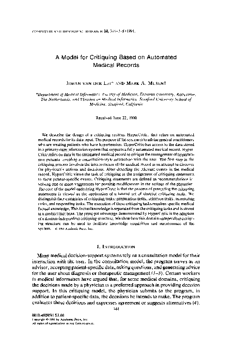 (PDF) A model for critiquing based on automated medical records | Mark ...