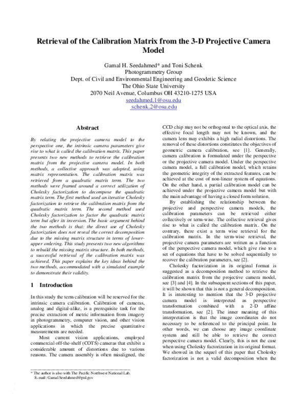 Pdf Retrieval Of The Calibration Matrix From The 3 D Projective