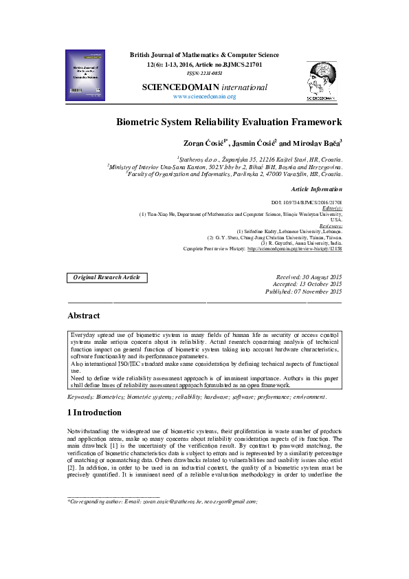 Pdf Biometric System Reliability Evaluation Framework