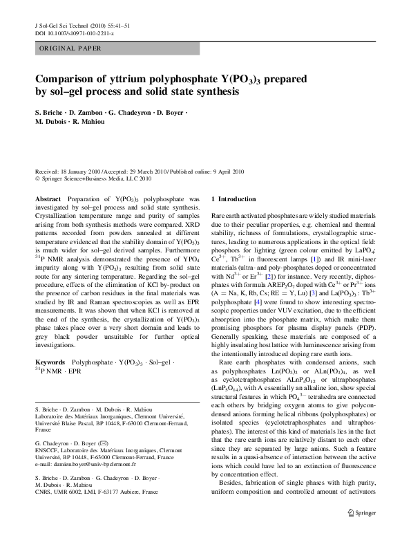 (PDF) Comparison of yttrium polyphosphate Y(PO3)3 prepared by sol–gel process and solid state ...