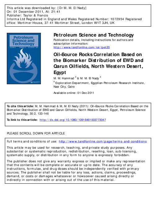 Pdf Oilsource Rocks Correlation Based On The Biomarker Distribution Of Ewd And Qarun