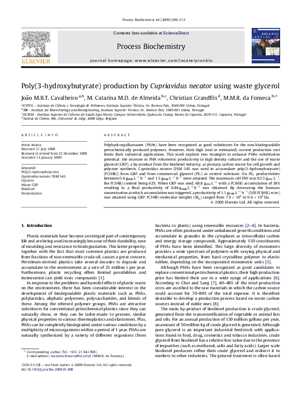 (PDF) Poly(3-hydroxybutyrate) production by Cupriavidus necator using waste glycerol