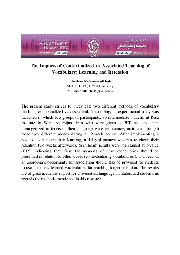 (PDF) The Impact of Contextualized Vocabulary Teaching vs. Association ...