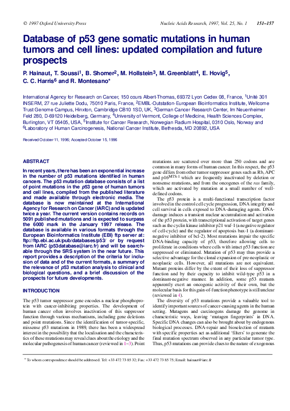 (PDF) Database of p53 gene somatic mutations in human tumors and cell ...