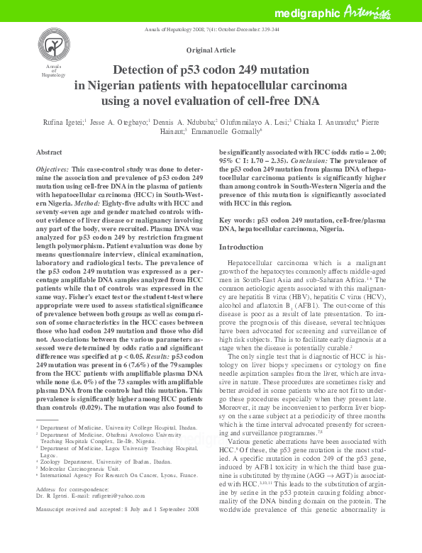 (PDF) Detection of p53 codon 249 mutation in Nigerian patients with ...