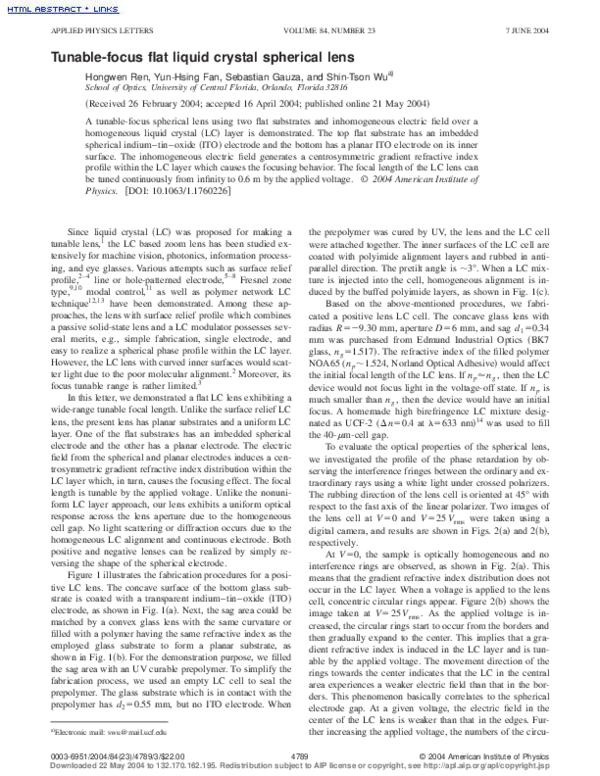 (PDF) Tunable-focus flat liquid crystal spherical lens