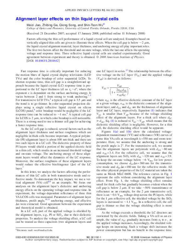 (PDF) Alignment layer effects on thin liquid crystal cells