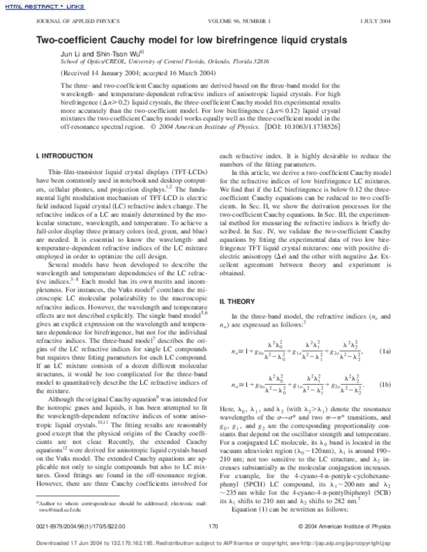 (PDF) Two-coefficient Cauchy model for low birefringence liquid crystals