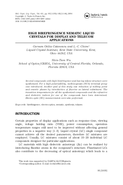 (PDF) High Birefringence Nematic Liquid Crystals for Display and ...