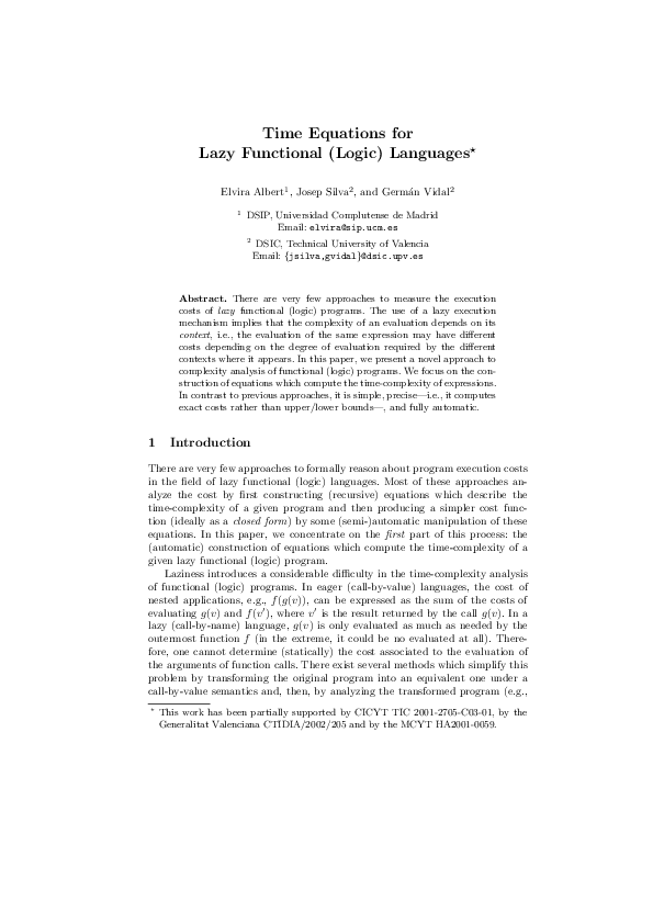 Pdf Time Equations For Lazy Functional Logic Languages
