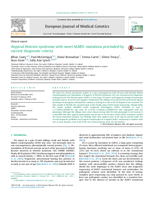 (PDF) Atypical Alstrom syndrome with novel ALMS1 mutations precluded by ...