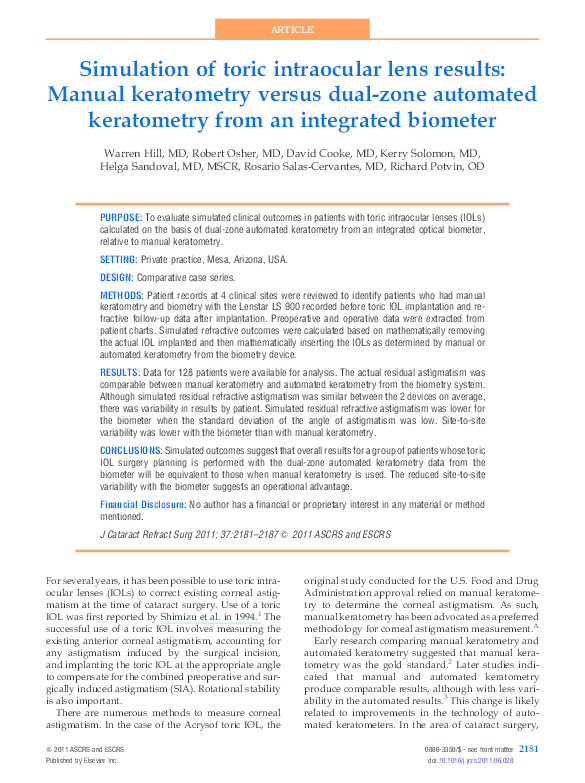 Pdf Simulation Of Toric Intraocular Lens Results Manual Keratometry