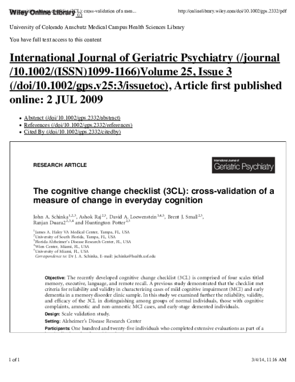 (PDF) The cognitive change checklist (3CL): cross-validation of a ...