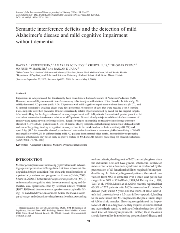 Semantic Interference Deficits And The Detection Of Mild Alzheimers