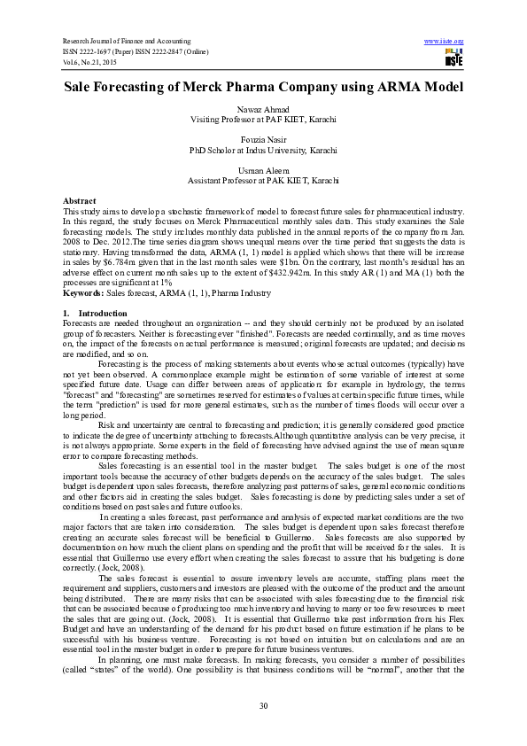 (PDF) Sale Forecasting of Merck Pharma Company using ARMA Model