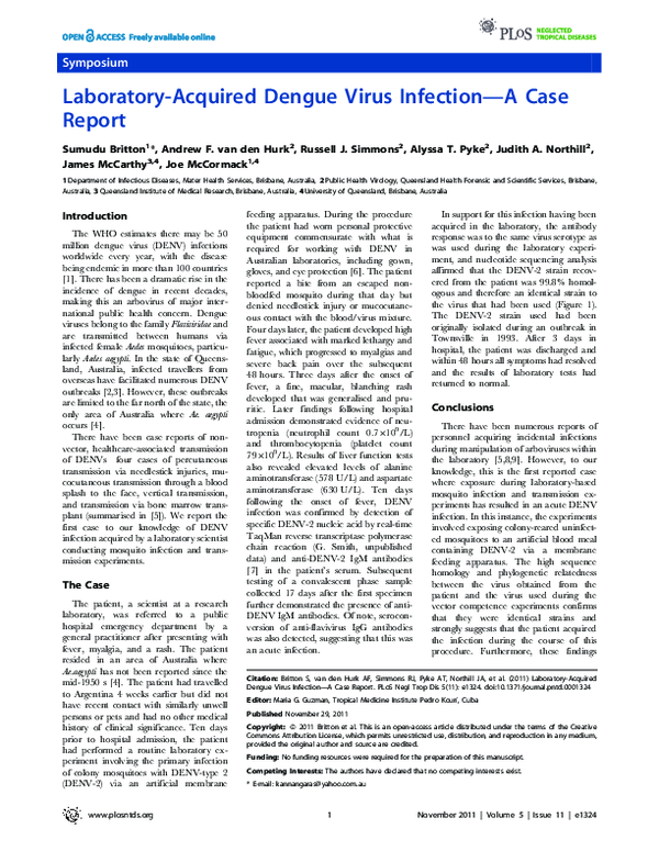 (PDF) Laboratory-Acquired Dengue Virus Infection—A Case Report
