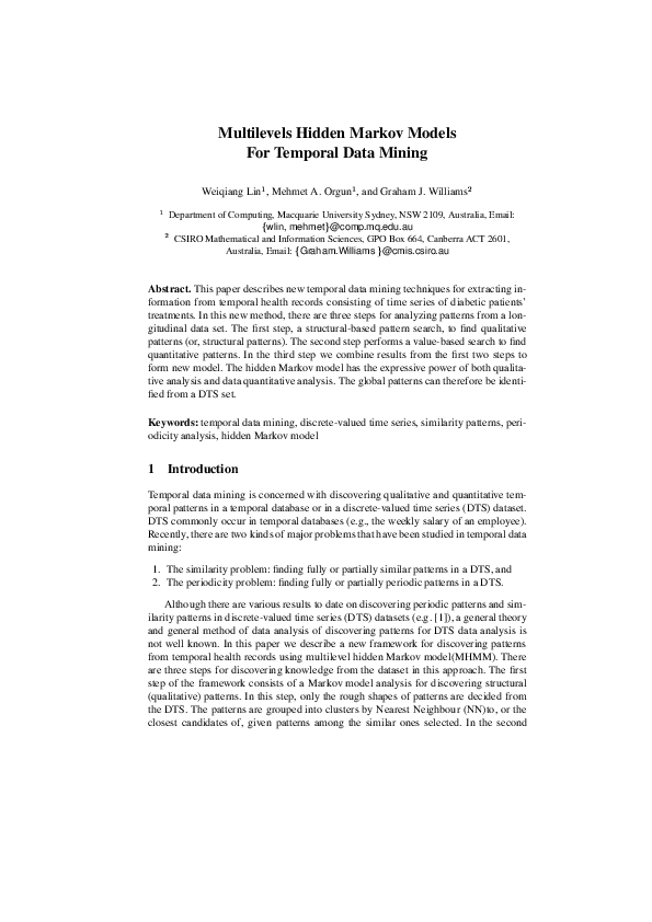 (PDF) Multilevels Hidden Markov Models For Temporal Data Mining | Weiqiang Lin and G. Williams ...