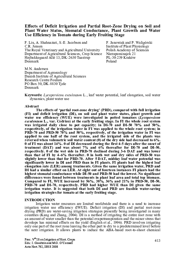 (PDF) Effects of deficit irrigation and partial root-zone drying on soil and plant water status ...