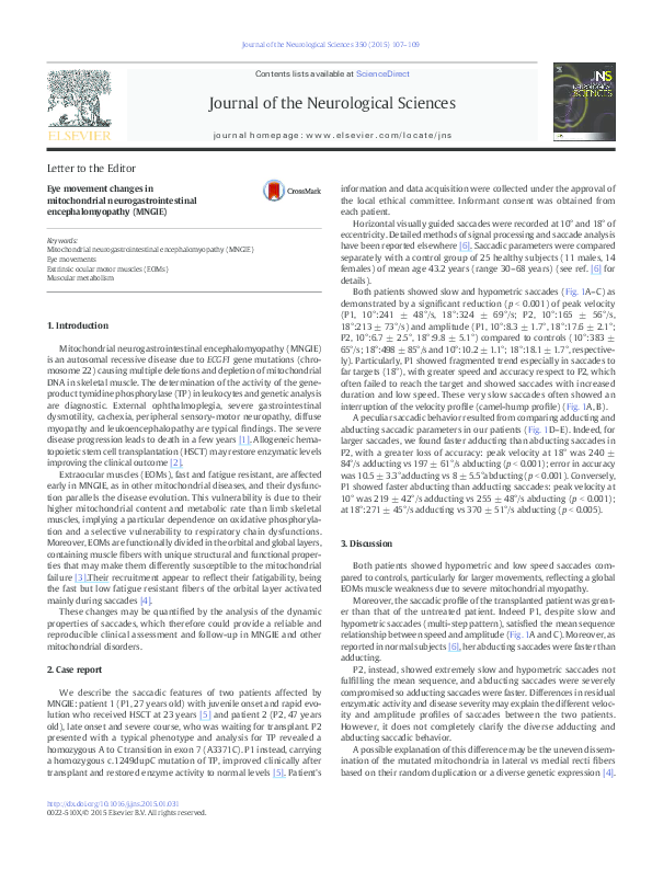 (PDF) Eye movement changes in Mitochondrial Neurogastrointestinal ...