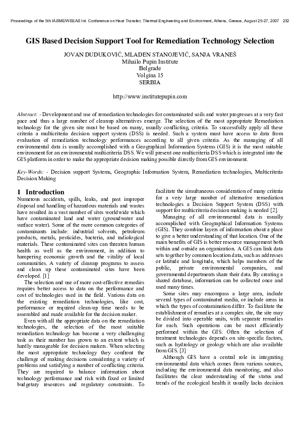 (PDF) GIS Based Decision Support Tool for Remediation Technology Selection