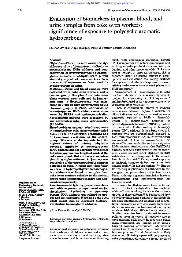 (PDF) Evaluation of biomarkers in plasma, blood, and urine samples from coke oven workers ...
