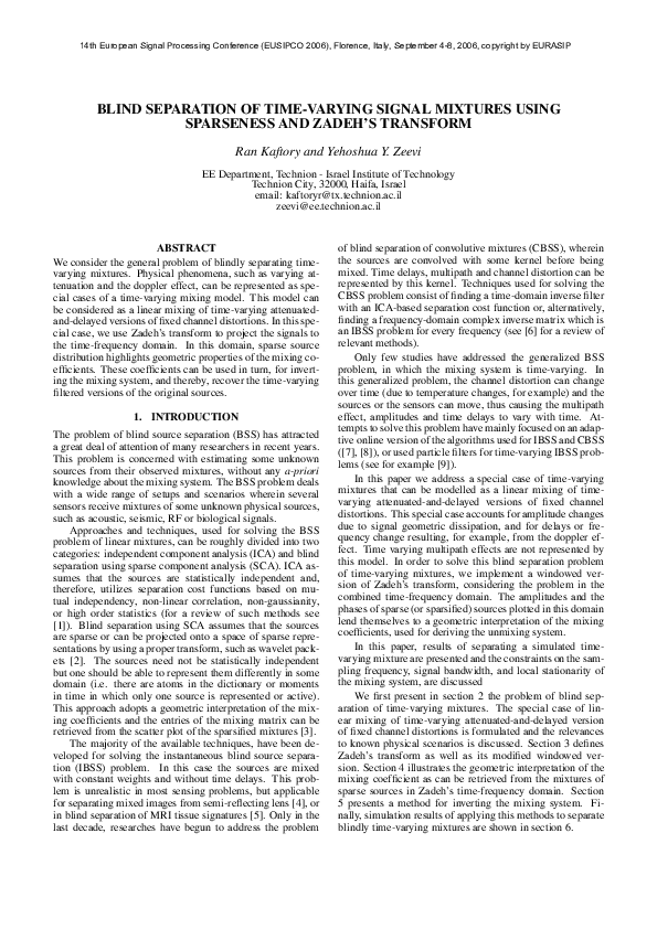 Pdf Blind Separation Of Time Varying Signal Mixtures Using Sparseness And Zadehs Transform