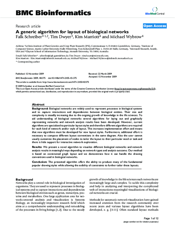 Pdf A Generic Algorithm For Layout Of Biological Networks