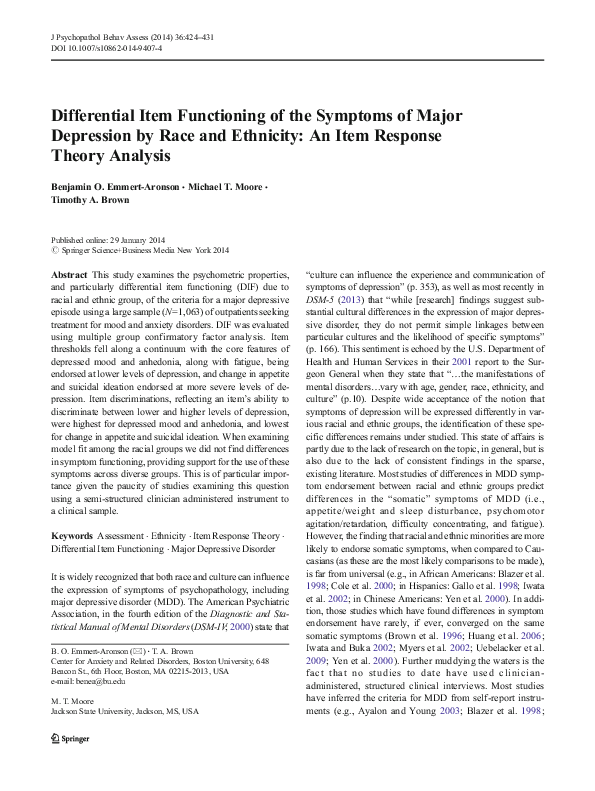 (PDF) Differential Item Functioning of the Symptoms of Major Depression ...