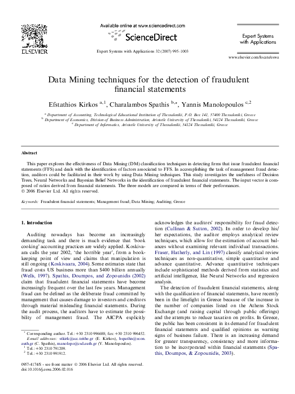 (PDF) Data mining techniques for the detection of fraudulent financial statements