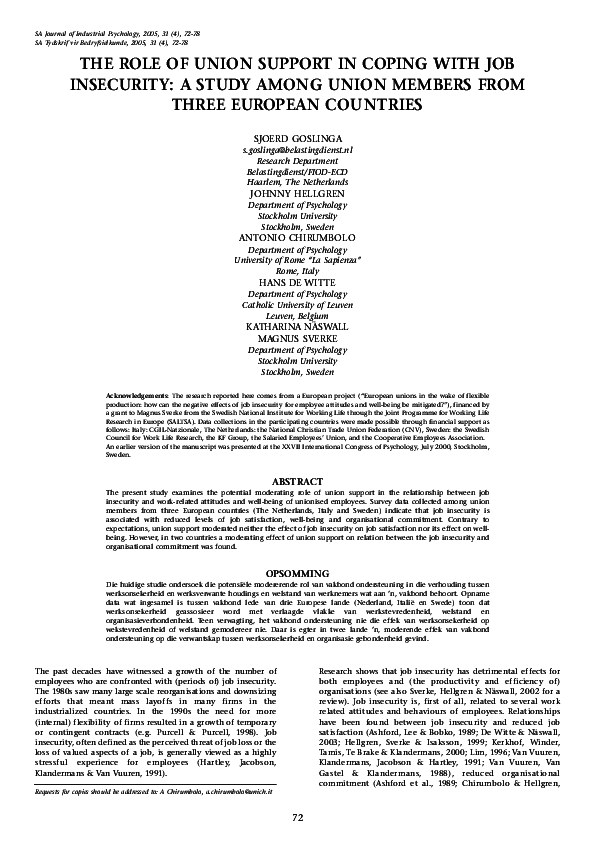 (PDF) The role of union support in coping with job insecurity: A study ...