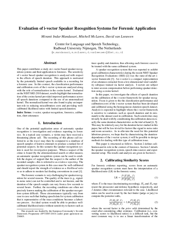 Pdf Evaluation Of I Vector Speaker Recognition Systems For Forensic Application