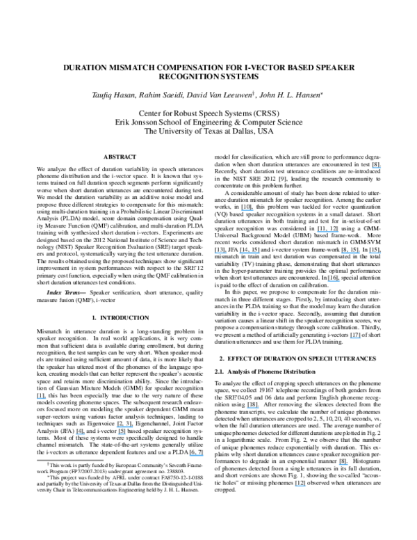 Pdf Duration Mismatch Compensation For I Vector Based Speaker Recognition Systems David Van