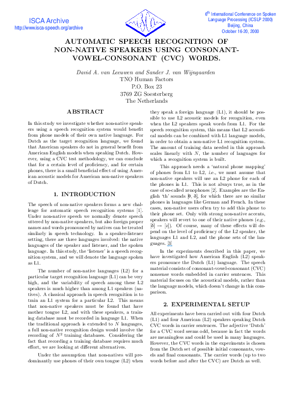 Pdf Automatic Speech Recognition Of Non Native Speakers Using Consonant Vowel Consonant Cvc