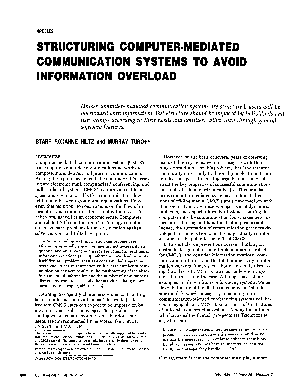 Pdf Structuring Computer Mediated Communication Systems To Avoid Information Overload